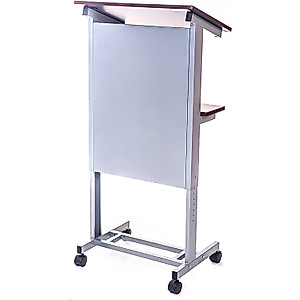 Stand Up Desk Store Mobile Adjustable Height Rolling Lectern Podium with Heavy Duty Steel Frame (Silver Frame/Dark Walnut Shelves, 25.5" Wide)