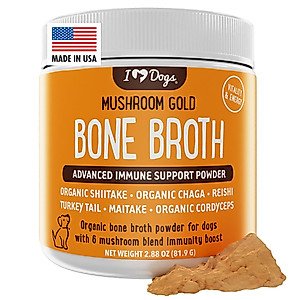 iHeartDogs Bone Broth for Dogs - Bone Broth & Mushroom Gold Powder Supplement for Immune System Support, Improved Mobility & Flexibility and Natural Detox - Turkey Tail Mushroom for Dogs