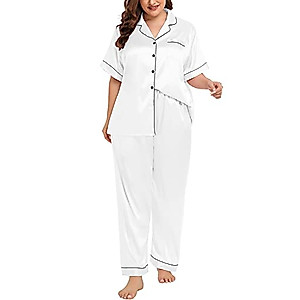 SWOMOG Plus Size Silk Pjs for Women Satin Pajamas Bridal Pajama Set V-Neck Classic Pj Set for Pajama Party 2 Piece Loungewear 24W White
