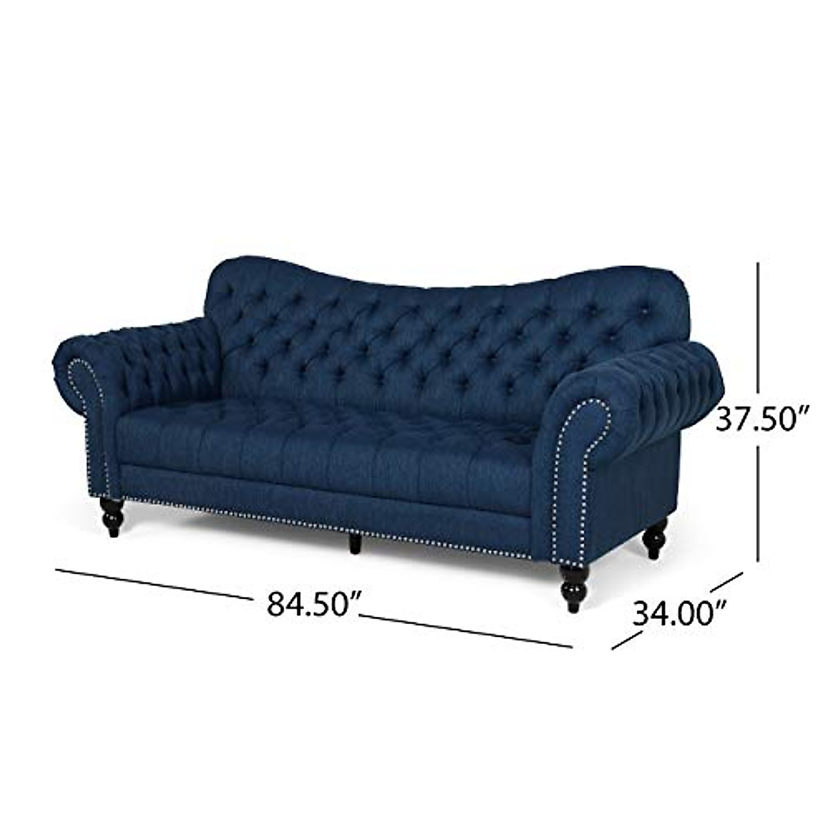 Christopher Knight Home Nathan Chesterfield Button Tufted Fabric 3 Seater Sofa, Navy Blue, Dark Brown