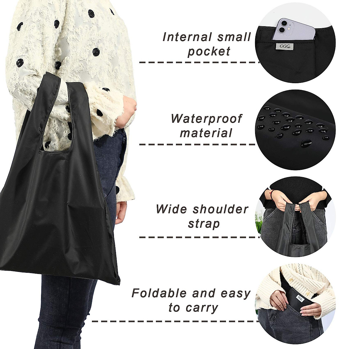 CiCiGo Large Reusable Bags Shopping Washable Foldable 6 Pack Grocery Bags Heavy Duty Lightweight Folding Gift Tote Bags Durable Polyester Black