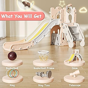 YUYUE 7 in 1 Toddler Slide,Kids Climber Slide with Storage Space and Non-Slip Steps,Indoor Outdoor Playset with Basketball Hoopa and Telescope,Slide for Toddlers Age 1-8,Slip and Slide