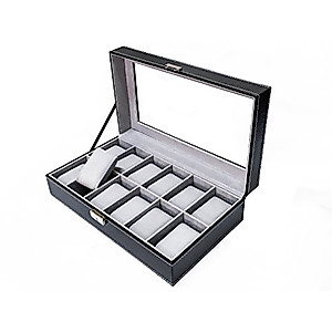 Sodynee WBPU12-03 Watch Dislpay Box Organizer, Pu Leather with Glass Top, Large, Black