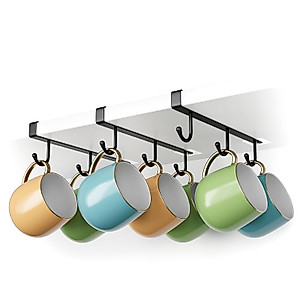 ECROCY Adhesive Cup Holder Under Cabinet - 3pcs x 6 Hook Coffee Cup Mug Holder for Kitchen, Fit for 1 Inch Thickness Shelf or Less - Only Fit for Flat Buttom Cabinet Without Any Lip