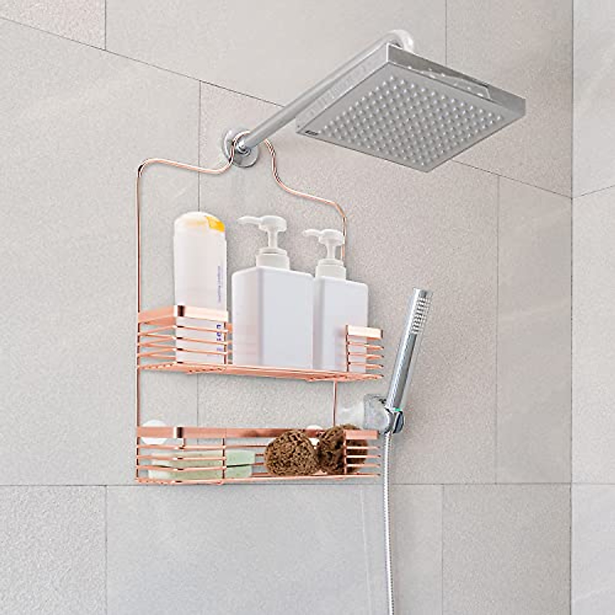 MyGift Modern Copper Metal 2 Tier Bathroom Hanging Shower Organizer, Over Head Shower Caddy Basket, Bathroom Accessories Organizer Storage Rack with Wall Suction Cups