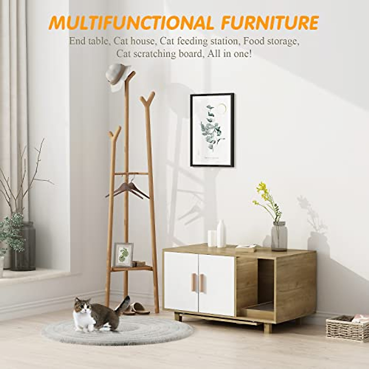 DMIDYLL Extra Large Cat Litter Box Enclosure Houses with Cat Food Bowls and Scratch Pad for Indoor Cats, Hidden Cat Litter Box Furniture Cabinet, Cat Washroom, Modern Cat Home Nightstand