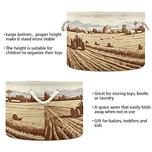 Msyxl Large Blanket Basket 20"x20"x14" with Cotton Rope Handles - Waterproof Lining Toy & Blanket Storage for Living Room, Collapsible Farmer with Bales Laundry Storage Basket