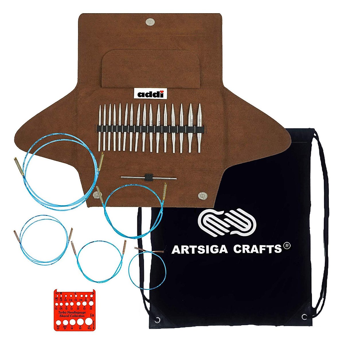 addi Click Rocket Lace Short 3.5-Inch Interchangeable Circular Knitting Needle Set Sizes US 4, 5, 6, 7, 8, 9, 10 and 11 with 5 Blue Cords, Brown Canvas Case with Project Bag