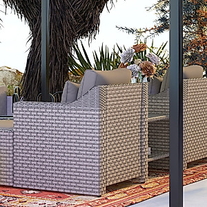 Outsunny 5 Piece Patio Furniture Set, All Weather PE Rattan Conversation Chair, and Ottoman Set with Coffee Table, Cushions & Pillows Included for Balcony, Porch, Deck, Pool, Lawn, Gray