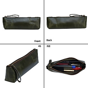 Leather Pencil Pouch, Make-up Brush Pouch, Leather Pencil Case, Zippered Pouch for Make-up essentials, Pen Case, Pen & Marker Case, Pencil Case For Students & School (Forest Green)