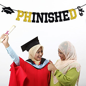 Phinished Banner, Class of 2025 Master Doctor Degree, Congrats Phd College Graduation Party Decoration Supplies, Gold and Black Glitter