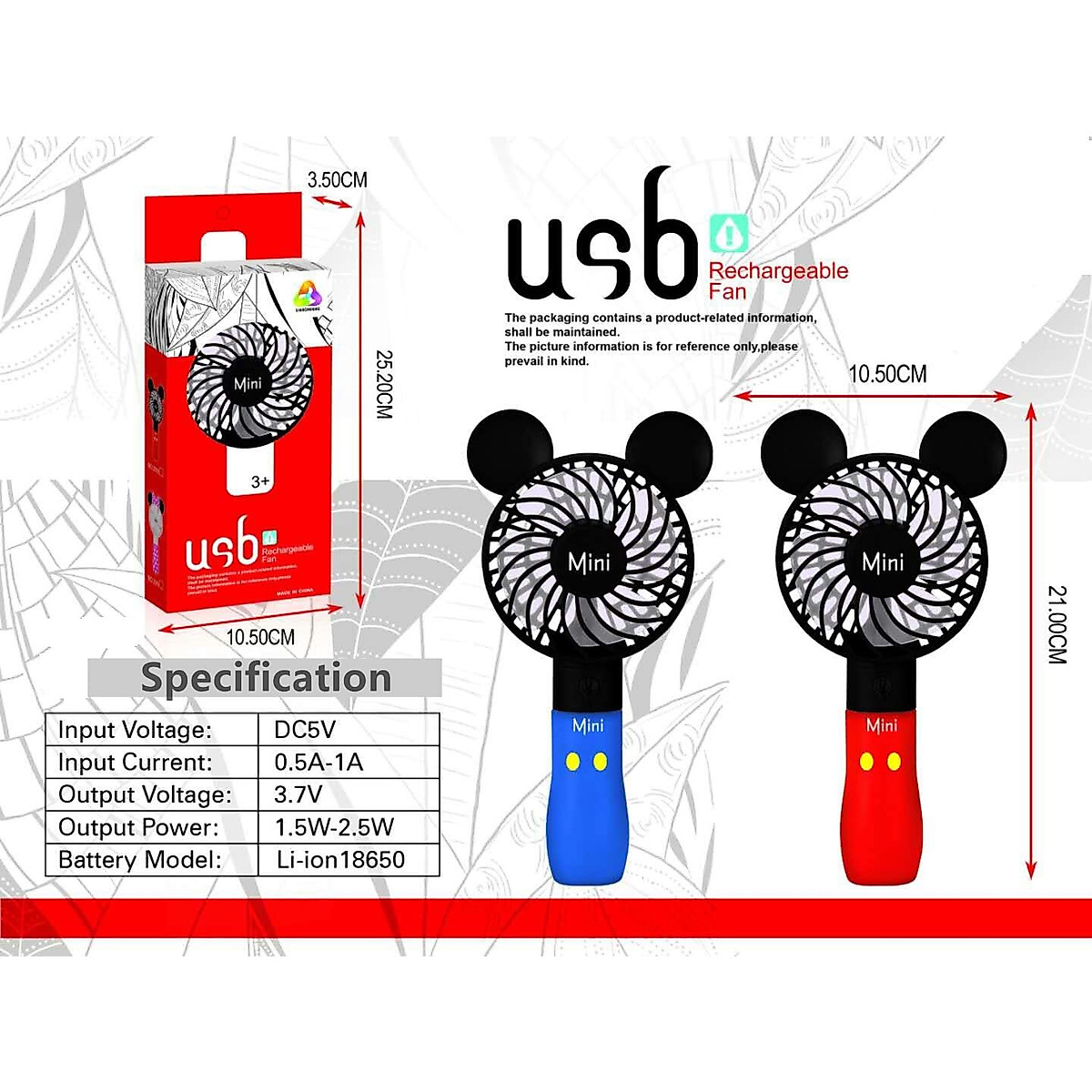 Cute Personal Mini Fan, Handheld & Portable USB Rechargeable Fan with Beautiful LED Light, 3 Adjustable Speeds, Portable Holder, for Indoor Or Outdoor Activities, Cute Mouse