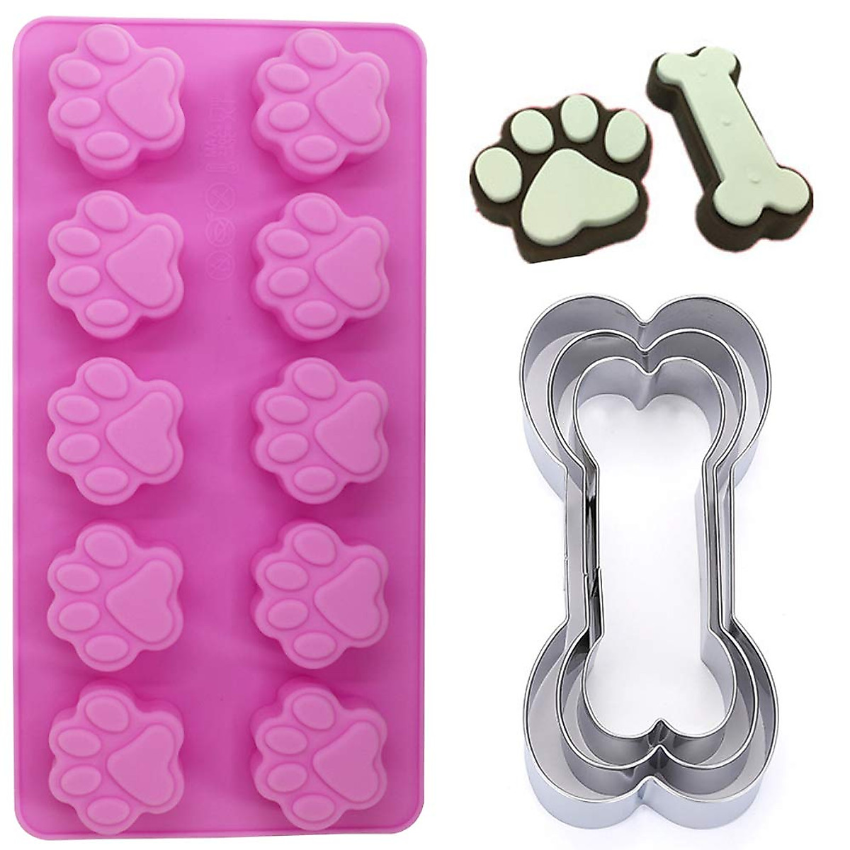 4 Packs Silicone Dog Paw Mold and 3 Packs Stainless Steel Bone Cookie Cutter, SourceTon Assorted Sizes Dog Bone Biscuit Cookie for Homemade Treats and Cat Animal Paw Ice Candy Chocolate Baking Mold