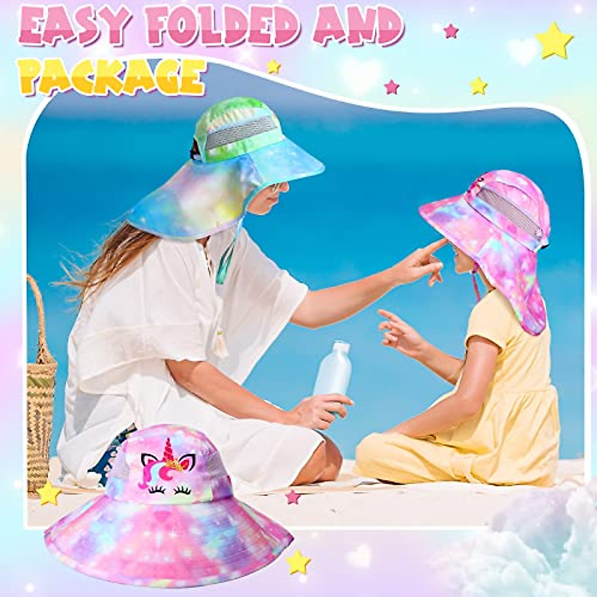 2 Pcs Sun Hat for Girls Unicorn Bucket Summer Hat Kids UV Protection Beach Hat Adjustable Strap Neck Flap Ponytail Cap for Kids 4–12 Years