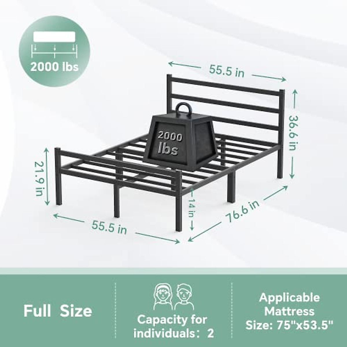 FEMOND Full Bed Frame with Headboard and Footboard, 14 Inch Metal Bed Frame Platform with Storage, Noise Free, No Box Spring Needed, Anti-Slip, Easy Assembly (Max Load: 2000lb)