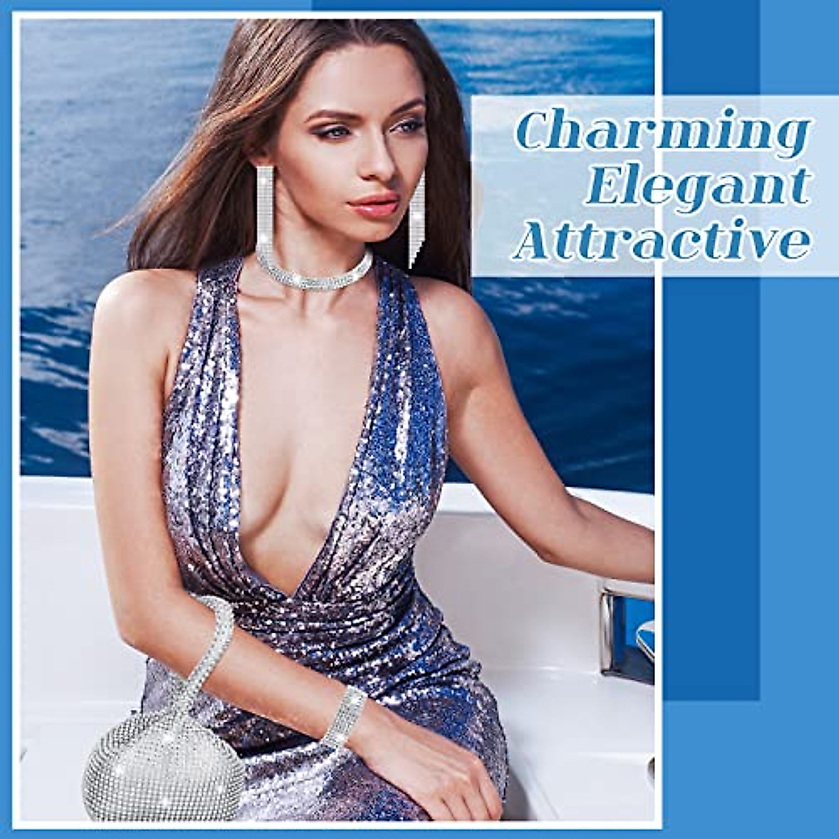 Meanplan Silver Bling Clutch Purse Rhinestone Jewelry Set 4 Pieces Crystal Dangle Fringe Earrings Bridal Wedding Choker Necklace Bracelet and Evening Clutch Bag for Women Girls (Cute Style)