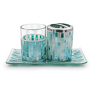 LushAccents Bathroom Accessories Set, 5-Piece Decorative Glass Bathroom Accessories Set, Soap Dispenser, Vanity Tray, Jar, Toothbrush Holder, Tumbler, Elegant Green Mosaic Glass