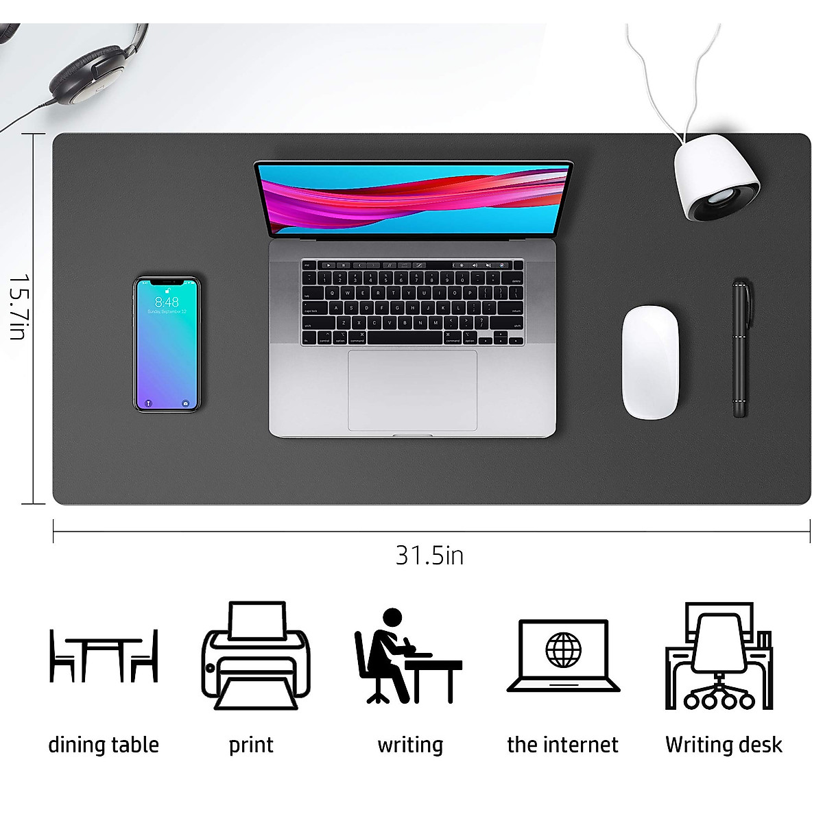 Leather Desk Pad Protector,Mouse Pad,Office Desk Mat, Non-Slip PU Leather Desk Blotter,Laptop Desk Pad,Waterproof Desk Writing Pad for Office and Home (Gray,31.5" x 15.7")