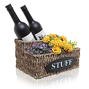 MyGift Beige Woven Seagrass Multipurpose Storage Basket 4 Compartment Organizer with STUFF Label, Desktop Mail Holder, Office Supplies Accessories Holder and Pencil Cup