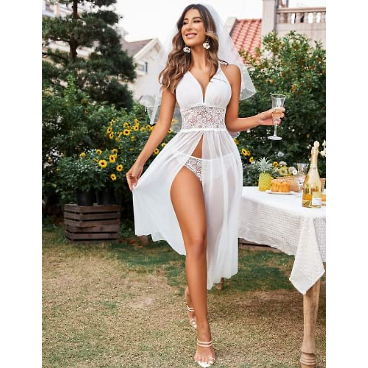 Avidlove Women Lingerie Set Lace Babydoll V neck Halter Nightwear Sleepwear Sexy Split Maxi Long Gown Sheer Dress White S