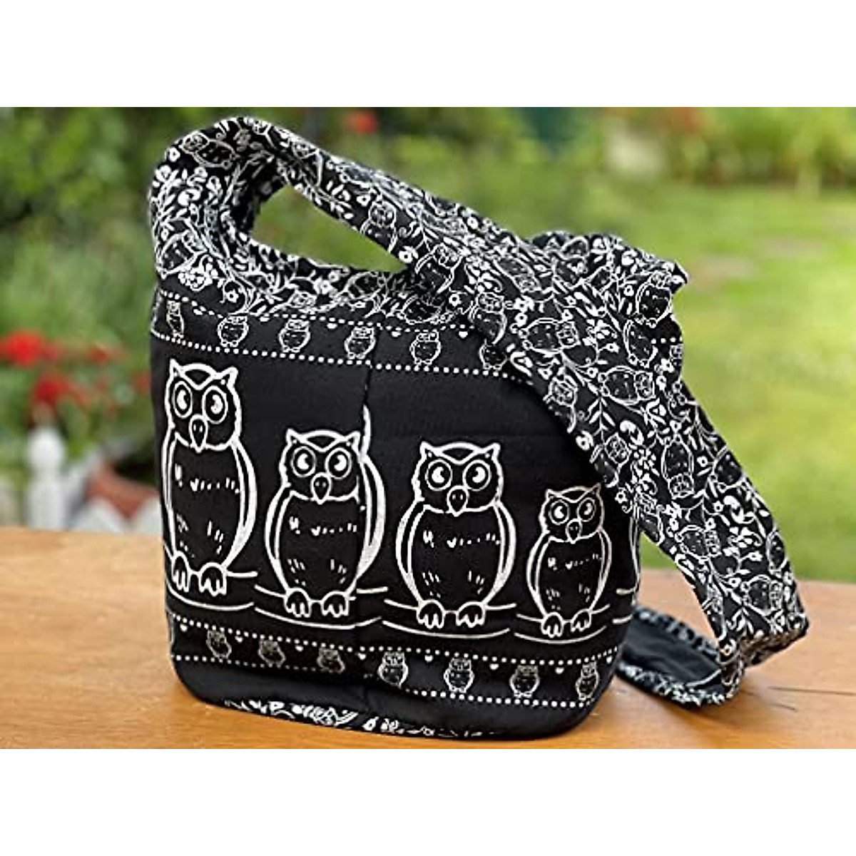 Owl Sling Bag - Fully Lined with Front Zippered Pocket - Handmade Crossbody Handbag - Medium (Black and White)