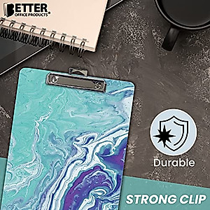 Fashion Clipboard, Abstract Art Design, Standard A4 Letter Size, 12.5" x 9", Wooden Clipboard, Low Profile Clip with Retractable Hanging Tab, Decorative Clipboard, by Better Office Products (Aqua)