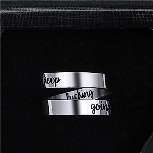 Yifnny Engraved Open Ring, Stainless Steel Adjustable Wrap Ring Inspirational Ring Engraved Keep Going Personality Encouragement Gifts Ring for Women Men (Keep Going-Silver)
