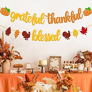 Grateful Thankful Blessed Banner Fall Autumn Leaves Turkey Thanksgiving Day Theme for Happy Thanksgiving Party Supplies Glitter Gold Decorations