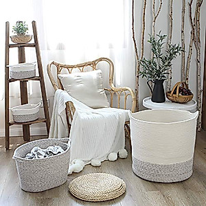 Sea Team Oval Cotton Rope Woven Storage Basket with Handles, Diaper Caddy, Nursery Nappies Organizer, Baby Shower Basket for Kid's Room, 14.2 x 9 x 11.4 Inches (Medium Size, Mottled Brown)