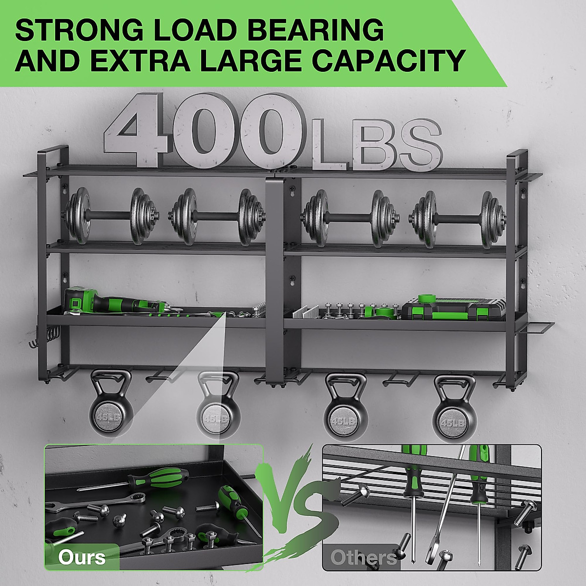 Sixfivsevn Power Tool Organizer, 8 Drill Holder Wall Mount, 4 Layers Garage Tool Organizers and Storage Rack, Heavy Duty Metal Tool Shelf with Hooks/Screwdriver Holder/Plier Holder/Hammer Holder