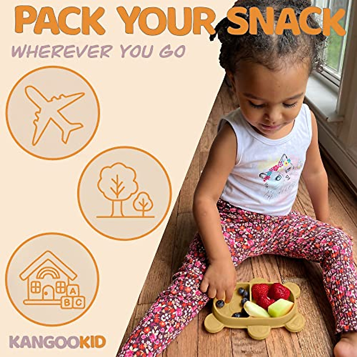 Kangookid Bear Silicone Suction Plate for Baby,Kid & Toddler-Fold-N-Go Baby Bowl with Lid- Divided Toddler Plate Fits Baby Highchair Tray-Silicone Plate Transforms into Food Container(Bear-Beige)