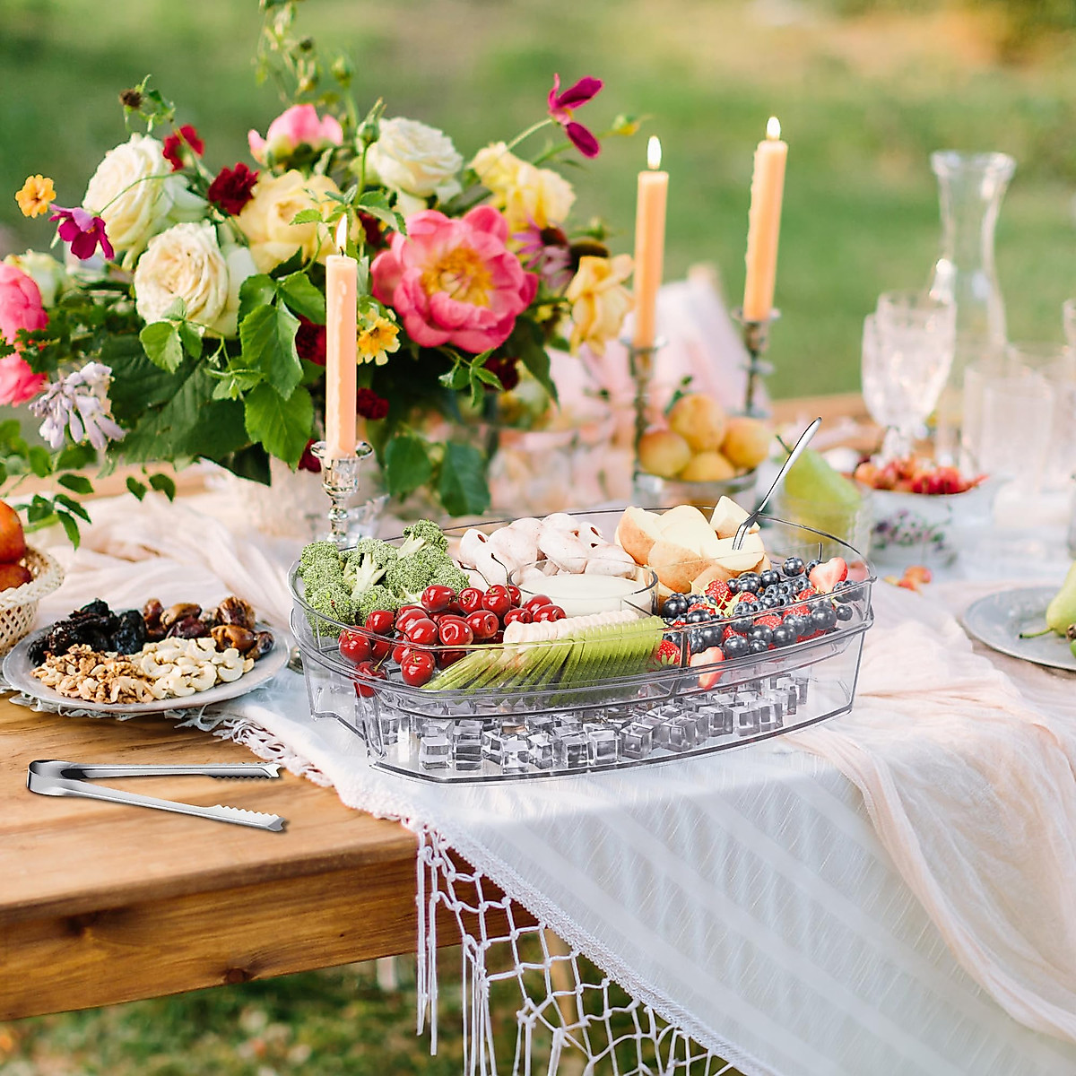 Newbro Chilled Veggie Tray with Lid, Shrimp Cocktail Serving Dishes for Entertaining, Ice Serving Platters and Trays Cold Travel Cookout Tailgate Essentials, Appetizer Fruit Snack Tray for Party Clear