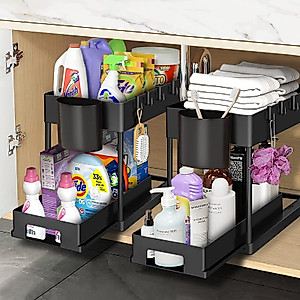 2 Pack Under Sink Organizers and Storage With Sliding Storage Drawers Basket,2 Tier Bathroom Organizer Under Sink,Kitchen Cabinet Organizers And Storage Rack With Hooks,The Bottom Can Be Pull Out