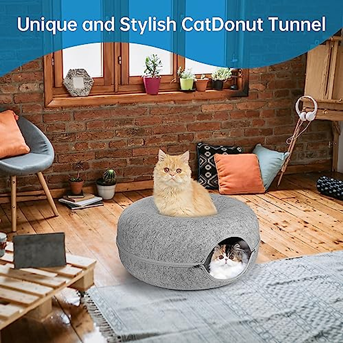 YUNLAN Cat Tunnel Bed, Indoor Cat Cave, Cat Tunnel, Large Cat House, Donut Cat Bed - Perfect for Multi-Cat Households… (Light grey-20inch)