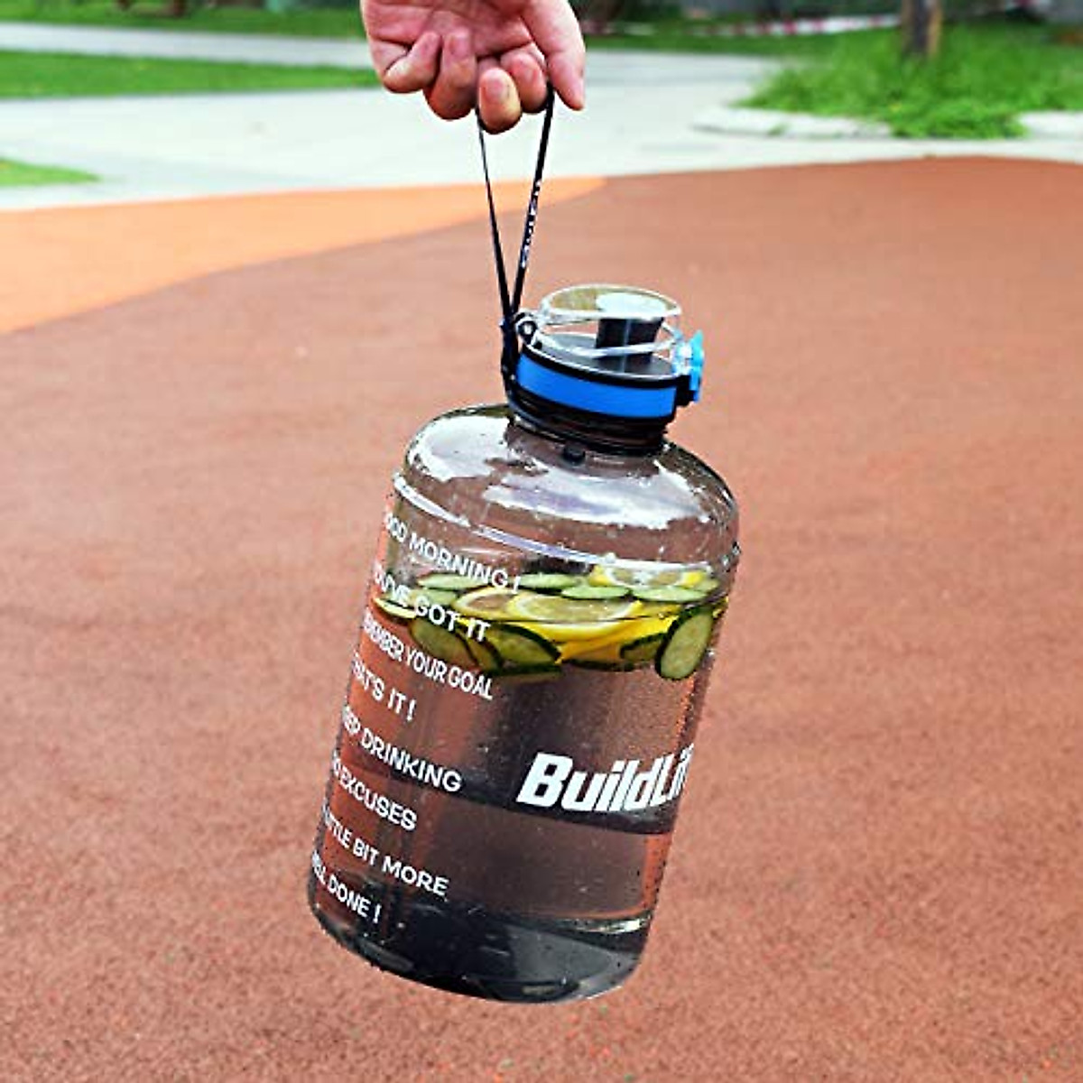 QuiFit Motivational 128 oz Water Bottle with Infuser - Times to Drink, BPA Free - Large Sports Bottle (Grey, 1 Gallon)