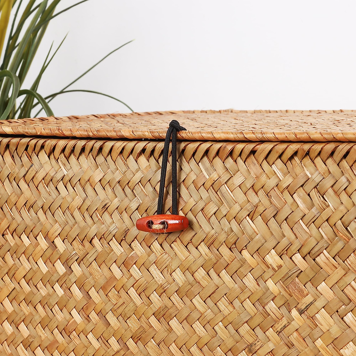 Moosky Wicker Shelf Baskets with Lid,Natural Seagrass Storage Basket Boxes Handwoven Rectangular Baskets Bins Multipurpose Home Organizer Decor (Large)