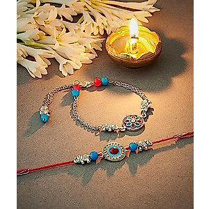 Eximious India Rakhi For Brother and Bhabhi Traditional Silver Lumba Designer Fancy Bracelet on Rakshabandhan Traditional SL1