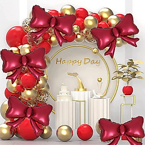 6 Pieces Bow Balloons, Red Matte Metallic Foil Bowtie Balloon, Big Burgundy Bow Balloons for Women Girls Birthday Party, Wedding Bridal Shower, Valentine's Day Party, Balloon Garland Accessories