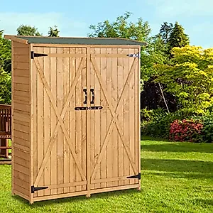 VINGLI Upgraded Outdoor Wooden Storage Shed, Extra Large Garden Shed Outside Tool Cabinet with 2 Safety Latches, Patio Storage Organizer for Garden Yard Lawn Equipment