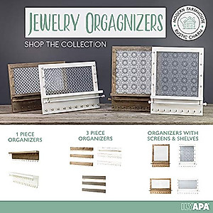 Ilyapa Wall Mounted Jewelry Organizer Shelf, Rustic Jewelry Wall Organizer, Brown Wooden Jewelry Hanger for Wall, Necklace Hanger, Earring and Bracelet Holder Rack, Wall Necklace Holder with Hooks