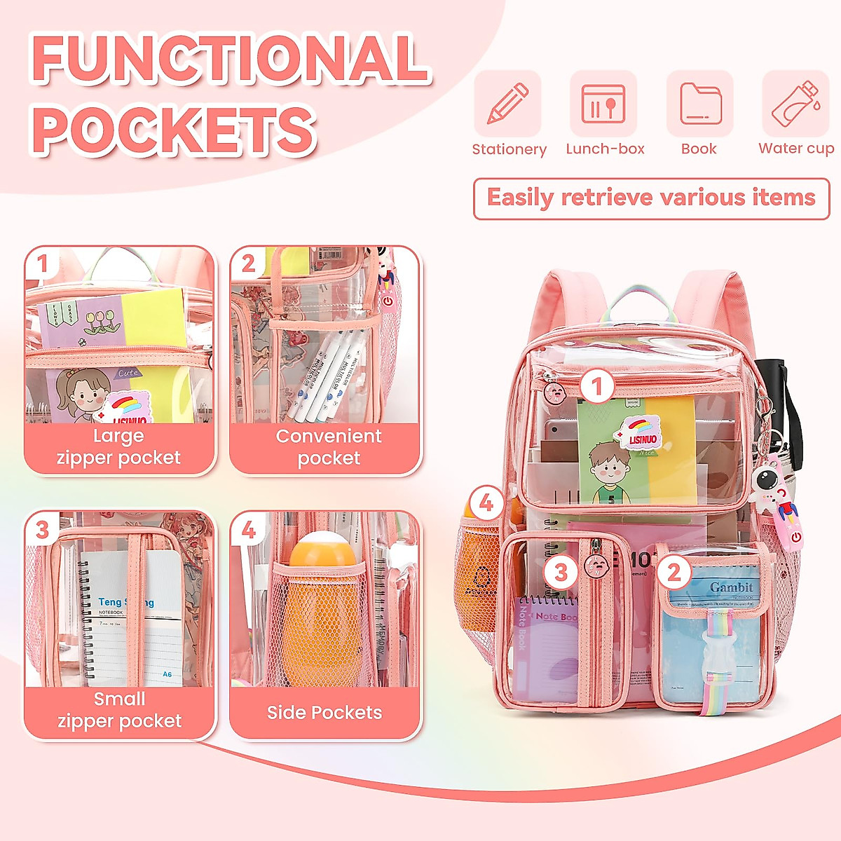 LISINUO Clear Backpack Girl Transparene Backpacks See Through Book Bag for Women Heavy Duty Pvc Mesh Bag Cute Girls Bookbags (Pink)