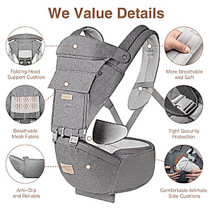 Baby Carrier with Hip Seat, 6-in-1 Baby Carrier Newborn to Toddler, Head Support and Breathable Mesh, Adjustable Removable Soft Ergonomic Baby Sling Carrier (7-41 lbs) for Everyday Family Events, Grey