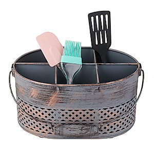 Utensil Caddy Carry – Metal All Serveware - Galvanized Metal Organizer for Kitchen Counter - Comfortable Wooden Handle /Indoor/Outdoor Storage For Flatware, Condiments, Party Cutlery, Arts - Rustic Grey Cooper