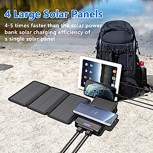 Solar-Charger-Power-Bank - 35800mAh with Dual 5V3.1A Outputs 10W Qi Wireless Charger Waterproof Built-in 4 Solar Panel and Bright Flashlights