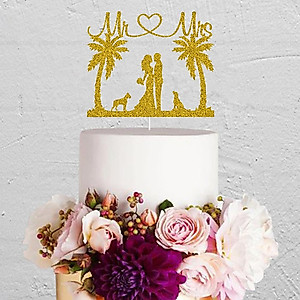 Mr & Mrs Cake Topper Tropical Wedding Cake Decorations Palm Tree Hawaii Beach Wedding Party Supplies Bride & Groom with Dogs Gold Glitter
