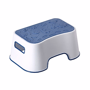 A+KCEYON Step Stool for Kids, Cute Design and Anti-Slip Kids Step Stool with Recessed Handles, Portable Footstool for Kitchen, Bathroom Sink and Toilet Potty Training (Blue-Space Motif)