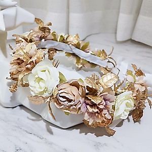 DDazzling Women Girls Handmade Princess Headpiece Forest Wedding Vintage Flower Crown Hair Accessories Photo Props (Gold Coffee Purple Beige)