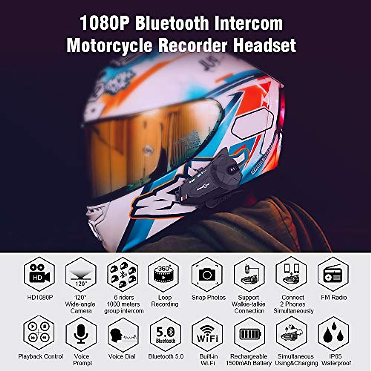 FreedConn Motorcycle Helmet Headset with Camera R1plus Bluetooth Intercom 1000M 6 Riders Waterproof Wireless FM Radio Communication Systems for Most Helmets