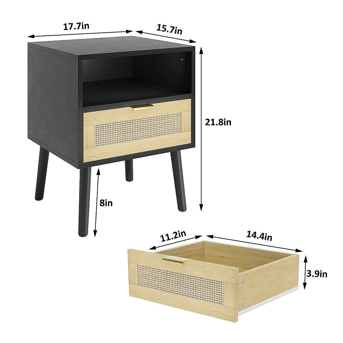 Smuxee Black Rattan Nightstand with Drawer, Boho Large Bedside Table with Open Shelf, Side Table for Bedroom, Study Room
