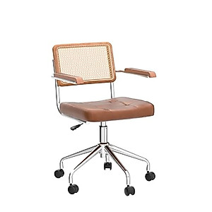 Zesthouse Modern Home Office Chair Leather Desk Chair with Natural Rattan Back, Vanity Chair for Girls Women, Upholstered Tufted Swivel Armchair, Height Adjustable Computer Task Chair